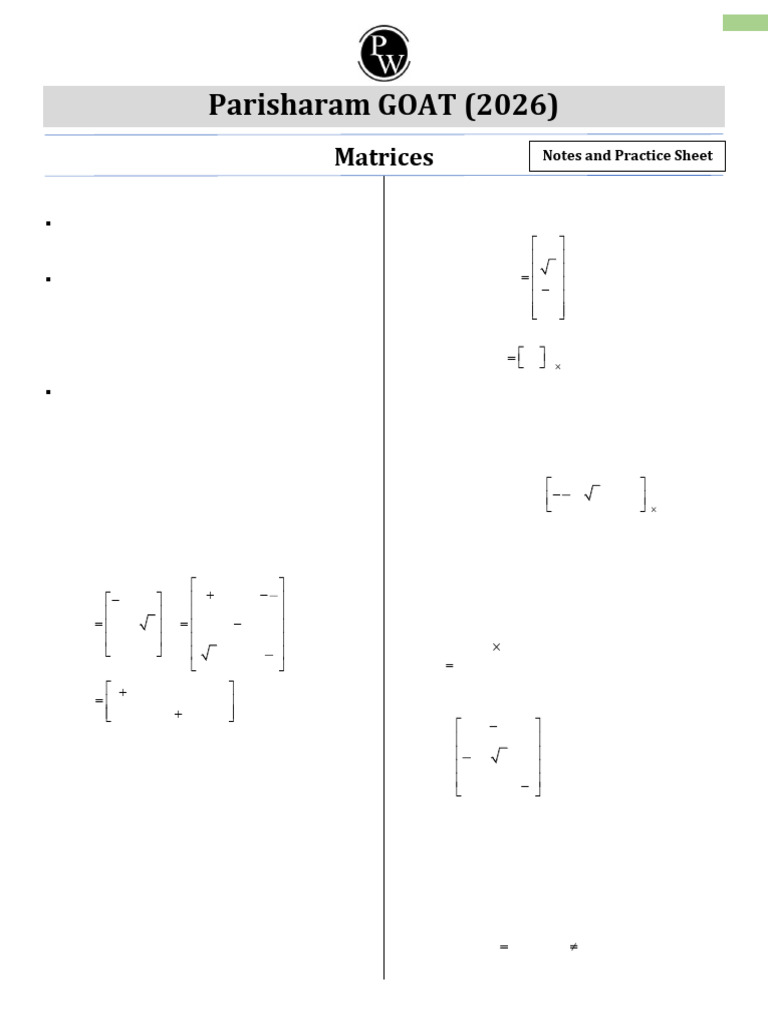 Practice Sheet Matrices Maths Parisharam GOAT2026 Class 12 Deepak Bhatt Sir Deepakmahawar | PDF ...