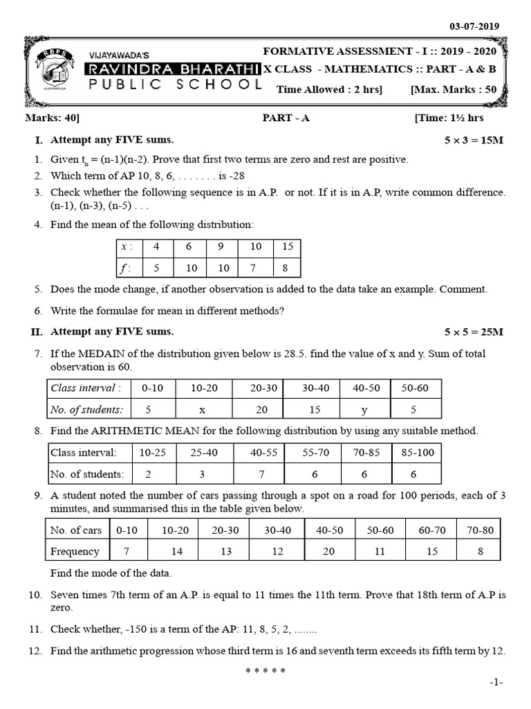 Tlm4all@10th Class FA-1 Maths EM by Ravindrabharathi | PDF | Mean | Number Theory