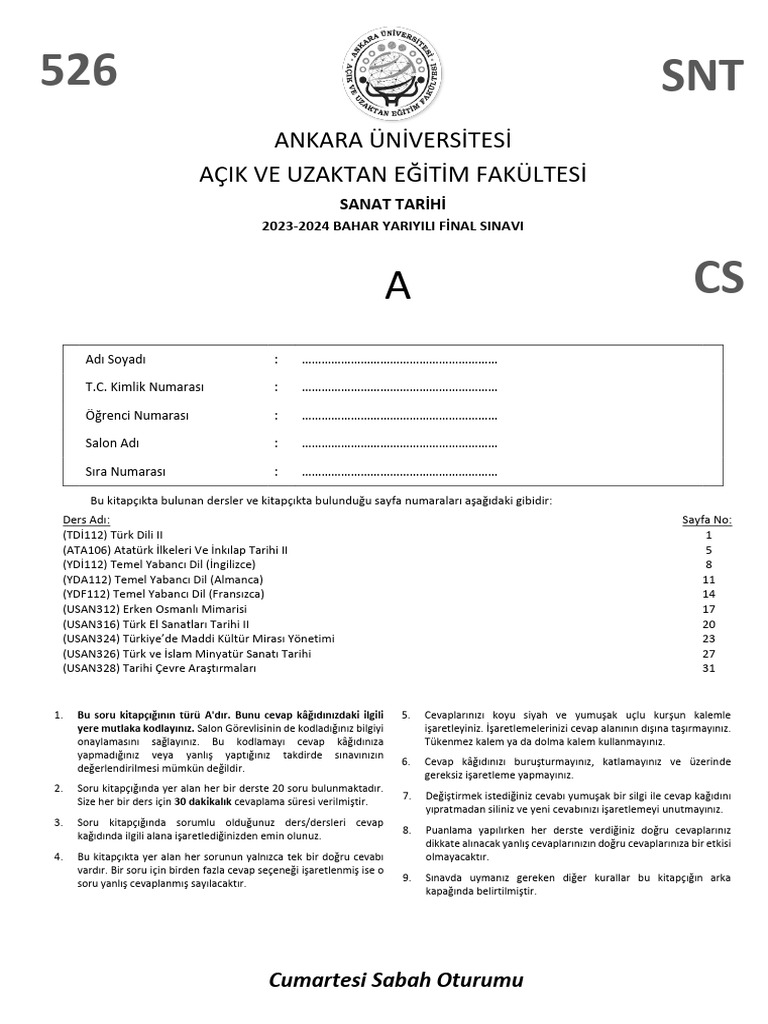 ANKUZEF Sanat Tarihi 23-24 Bahar Final A | PDF