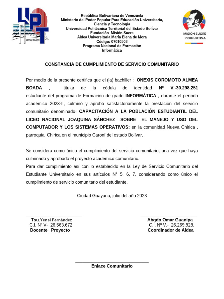 2 Onexis Constancias de Servicio Comunitario Luis | PDF