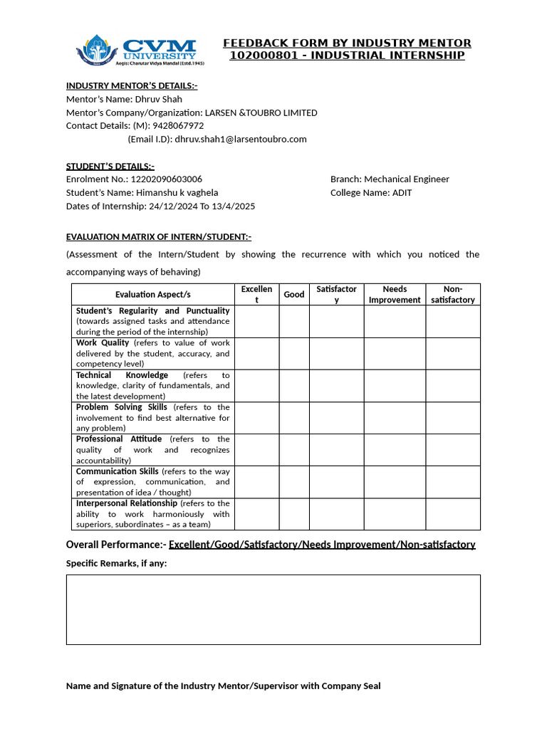 Internship Feedback Form for Mechanical Engineering | PDF