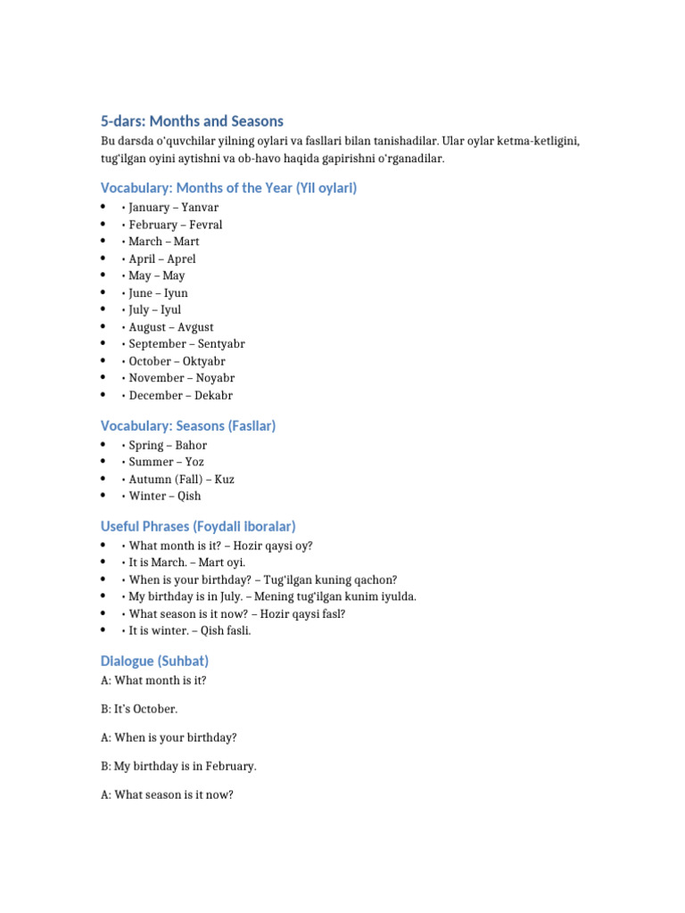 5-Dars Months and Seasons | PDF