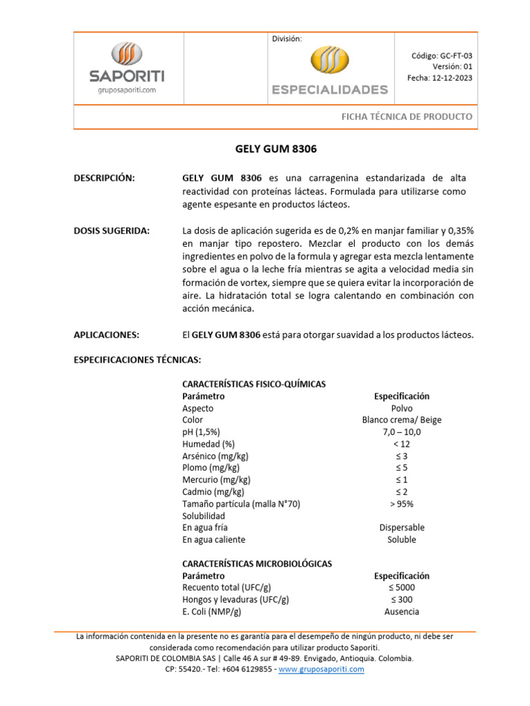 Ficha Técnica GELY GUM 8306 | PDF | Productos lácteos