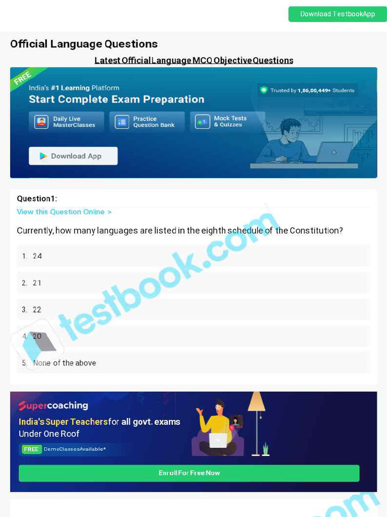 MCQ On Official Language 5eea6a1239140f30f369ecbf | PDF