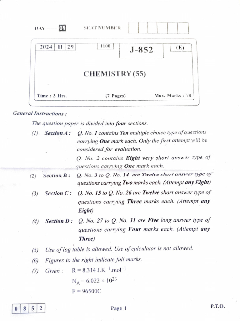 Chemistry Board Paper 2024 | PDF | Chemical Substances | Materials