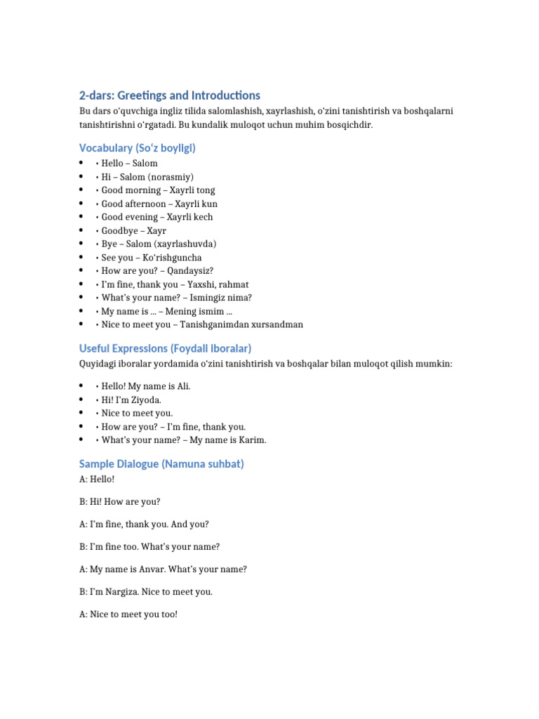 2-Dars Greetings and Introductions | PDF