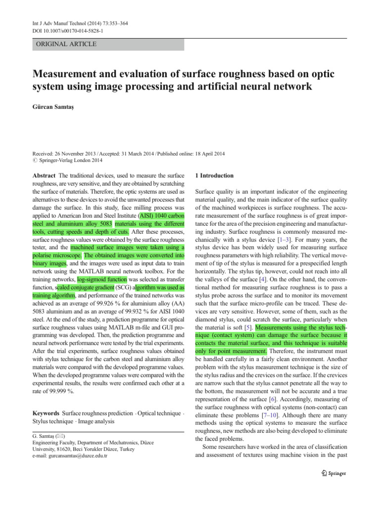 Measurement and Evaluation of Surface Roughness Based on Optic | PDF | Surface Roughness ...