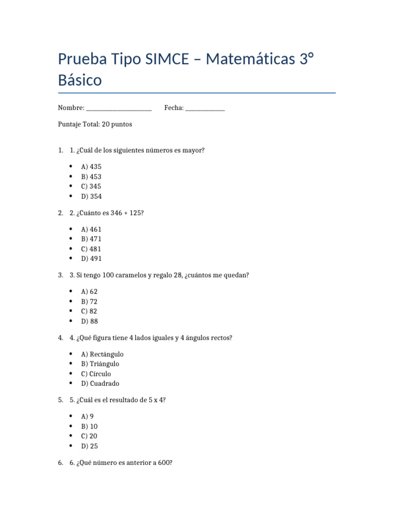 Prueba SIMCE Matemáticas 3° Básico | PDF
