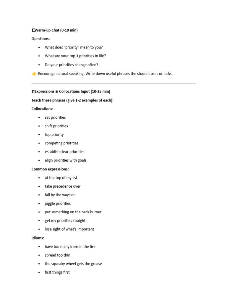 Priorities Speaking Class 1vs1 2 Hours | PDF
