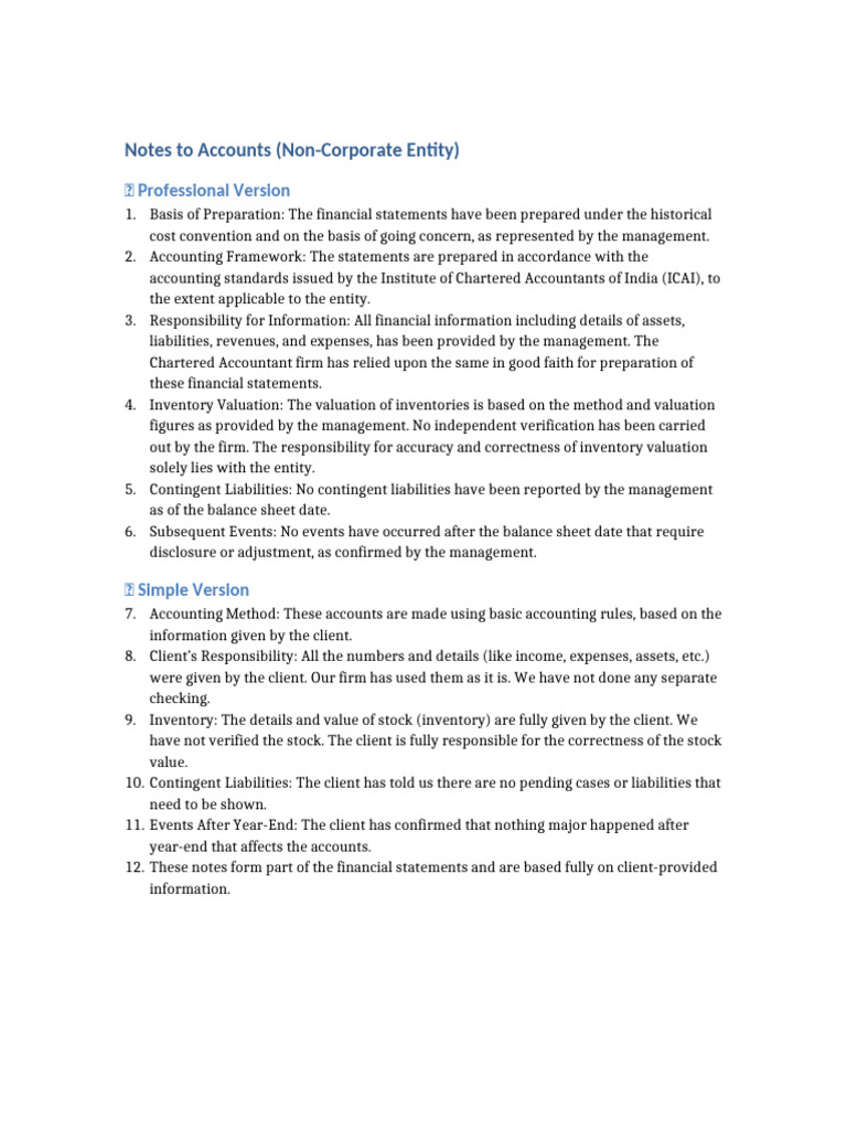 Notes To Accounts Non Corporate | PDF