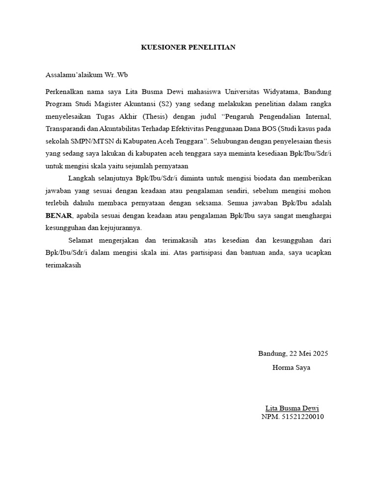 Kuesioner Penelitian_lita Busma Dewi | PDF