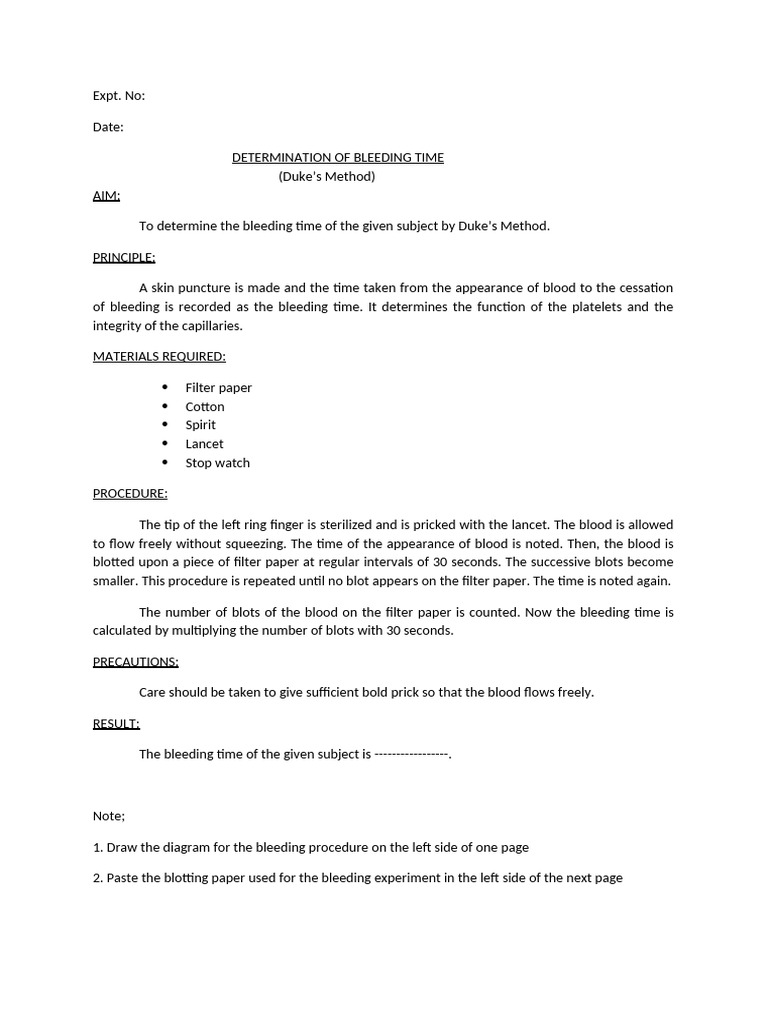 Duke's Method for Bleeding Time Test | PDF