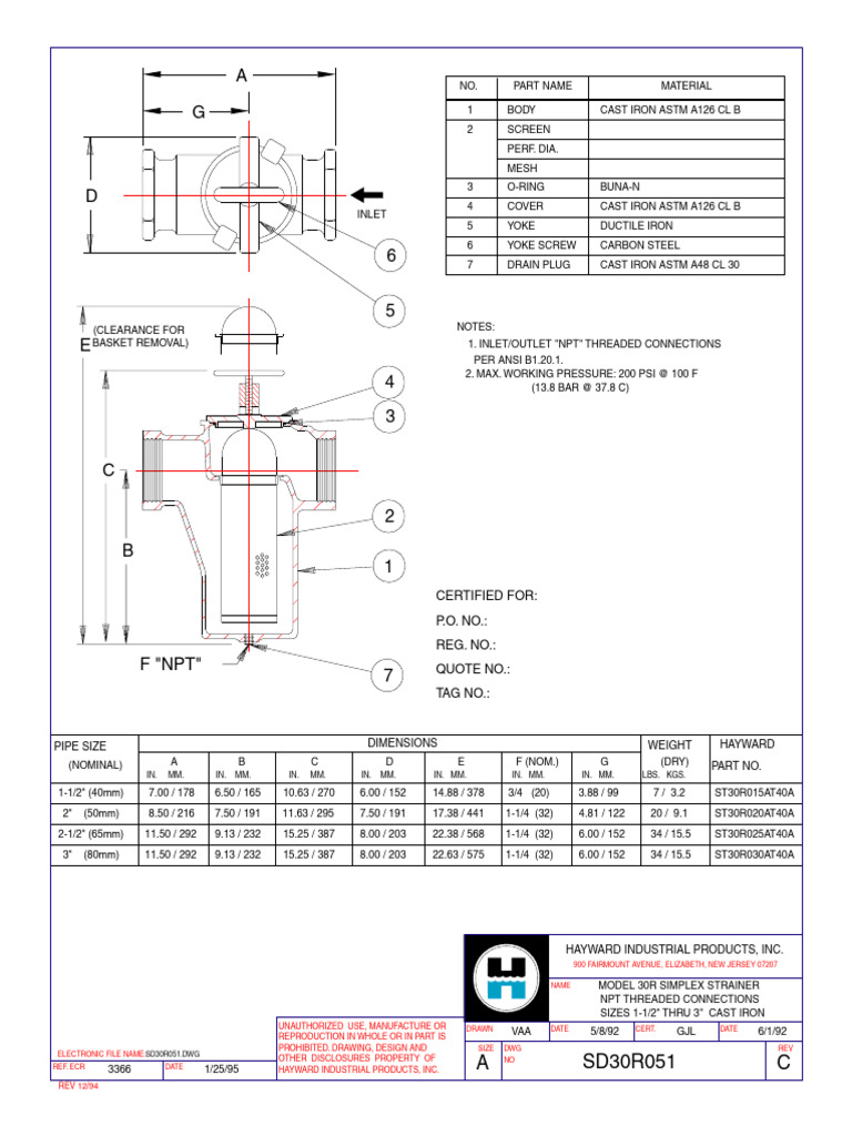 Hayward Model 30R Simplex Strainer Specs | PDF | Metalworking | Machining