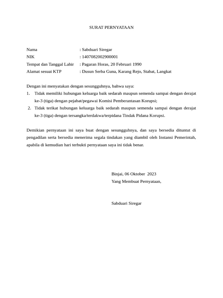 Surat Pernyataan Tidak Memiliki Hubungan Keluarga | PDF