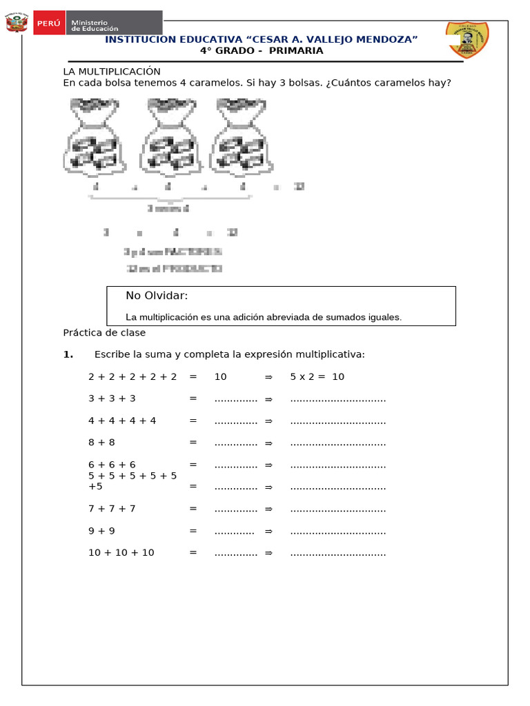 Ejercicios de Multiplicación para 4° Grado | PDF | Multiplicación ...