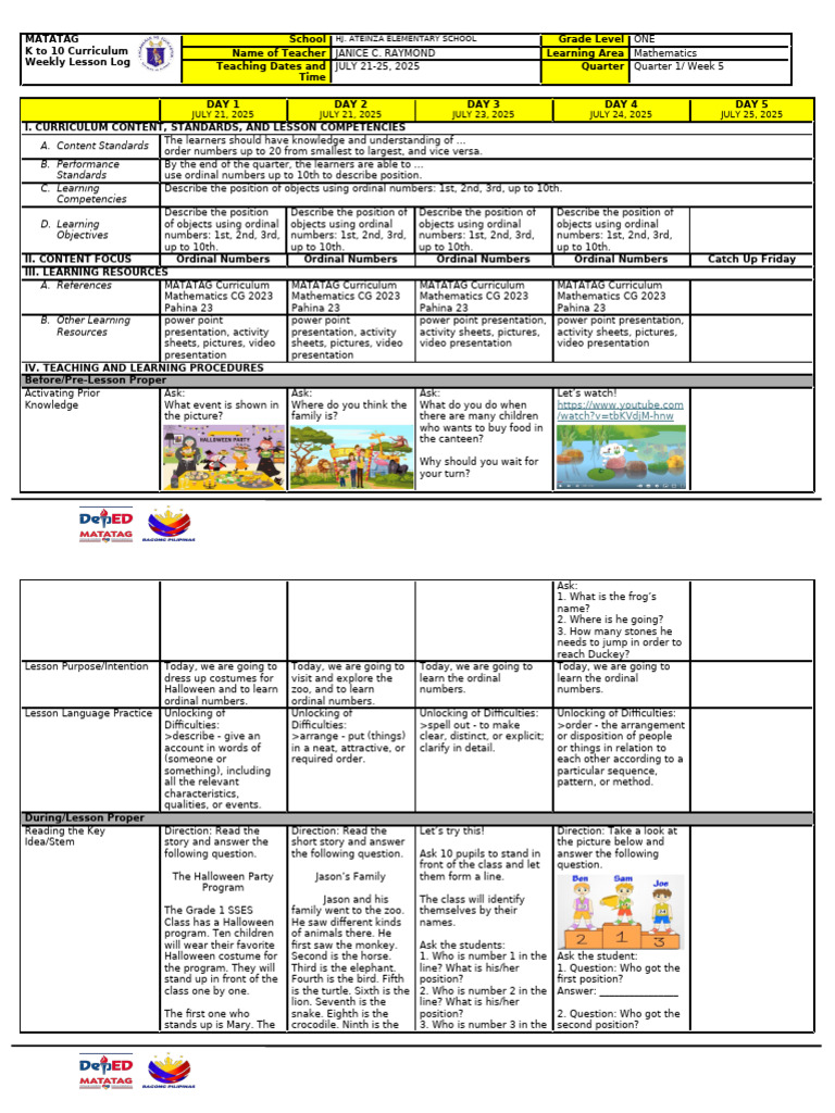 g1 q1 DLL Week 5 Mathematics | PDF | Curriculum | Learning