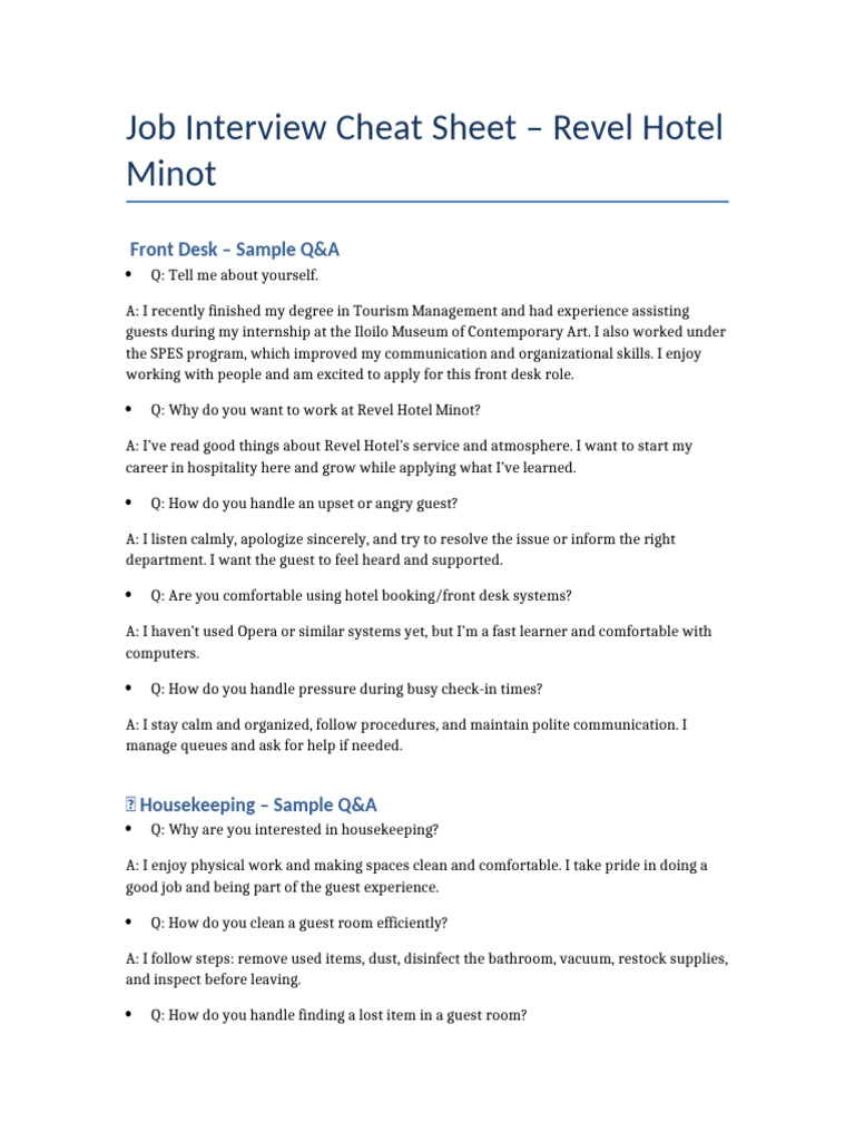 Revel Hotel Interview Cheat Sheet | PDF