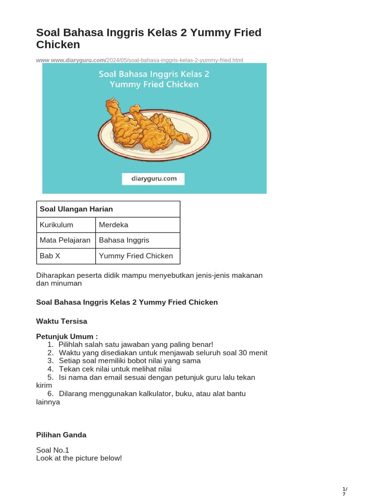 Soal Bahasa Inggris Kelas 2 Yummy Fried Chicken | PDF