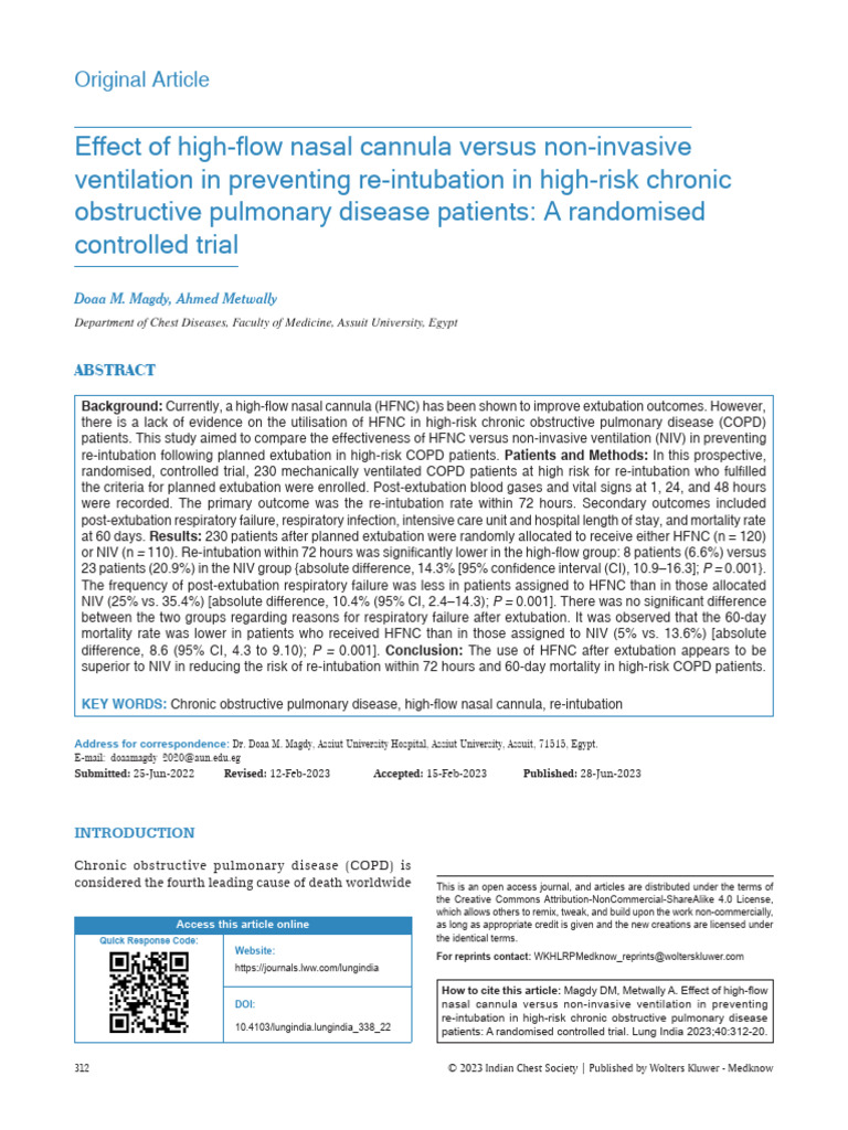 HFNC Vs NIV in Post Extubation COPD Patients | PDF | Chronic Obstructive Pulmonary Disease ...