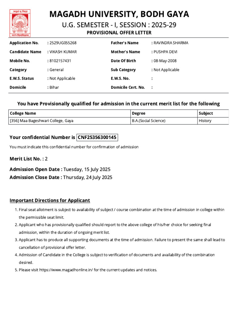 (Admissions 2025-29) Magadh University, Bodh Gaya | PDF