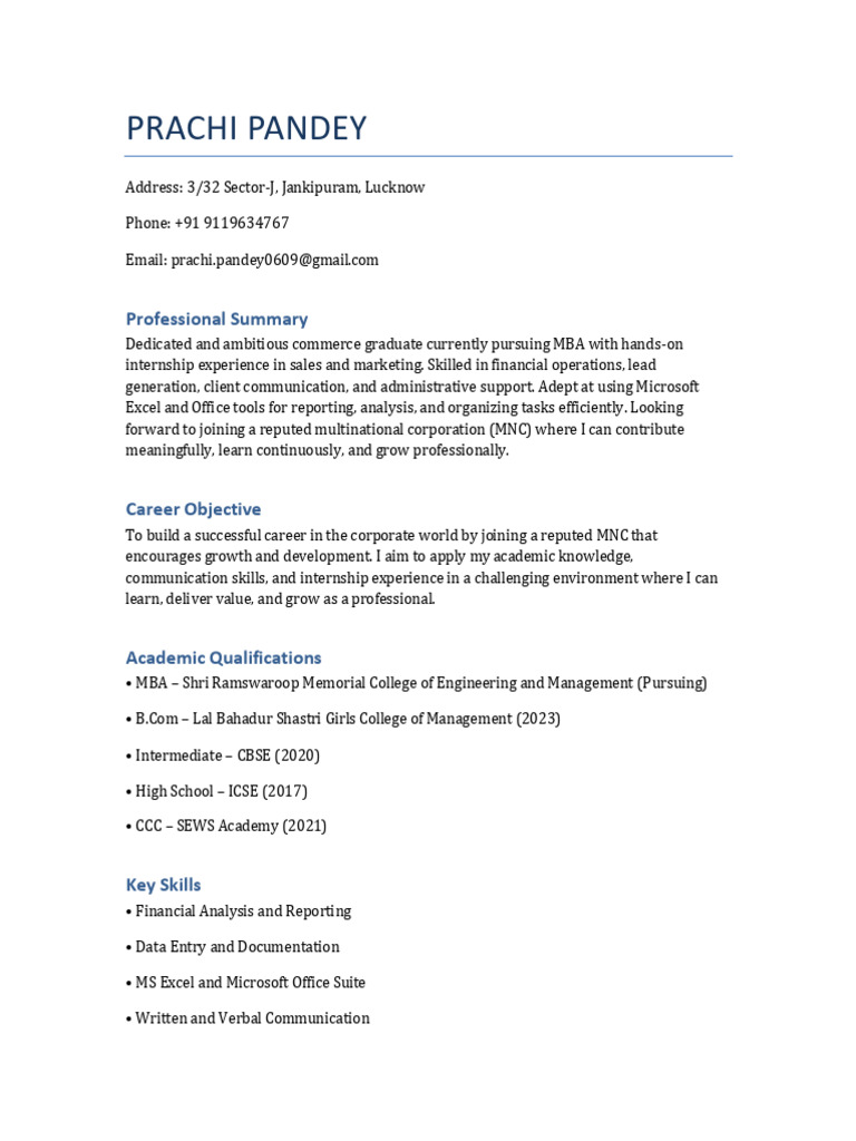 Prachi Pandey Resume MNC Focused | PDF | Communication | Marketing