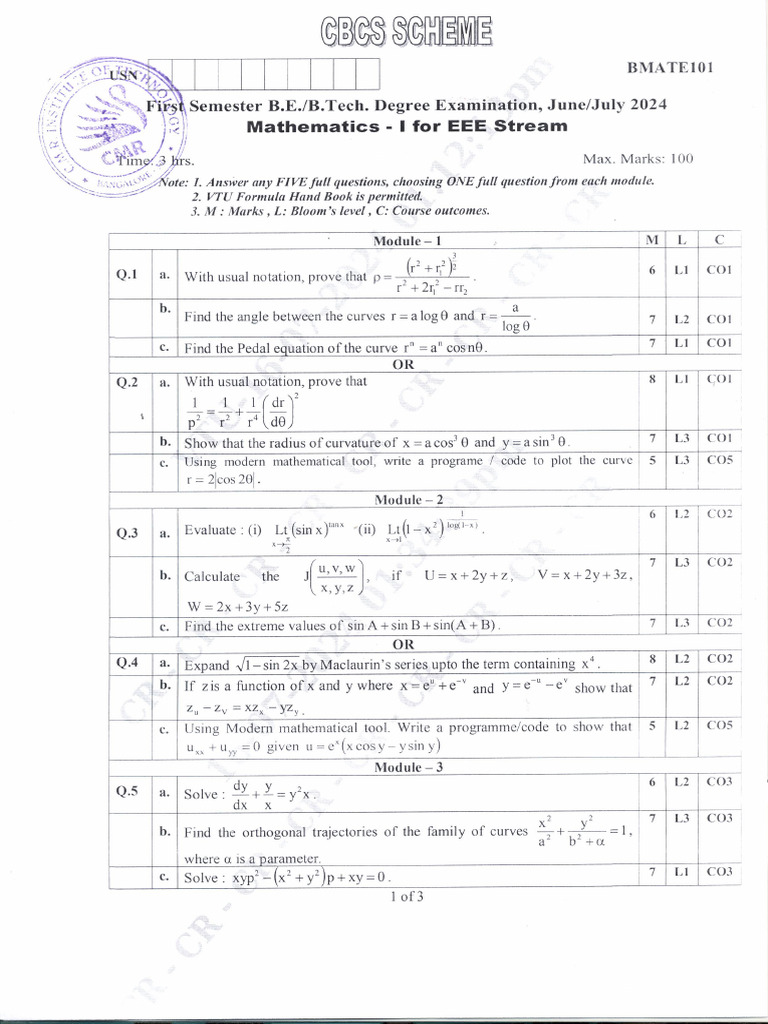 VTU Question Paper of BMATE101 Mathematics-I For EEE Stream Jun-July-2024 | PDF