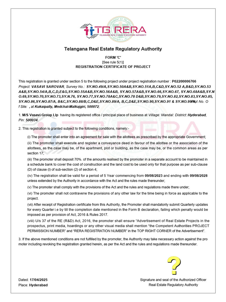 Vasavi Sarovar RERA Cert | PDF | Common Law | Legal Documents