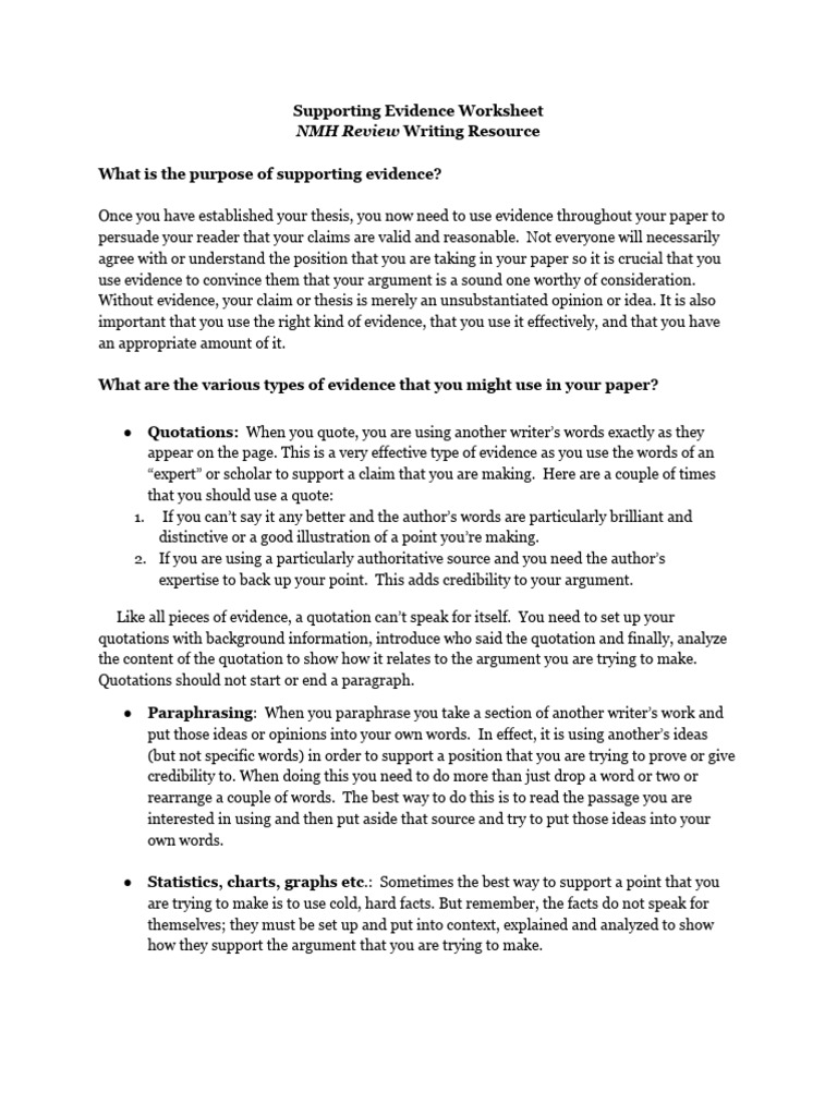 04 Supporting Evidence Worksheet | PDF | Essays | Evidence