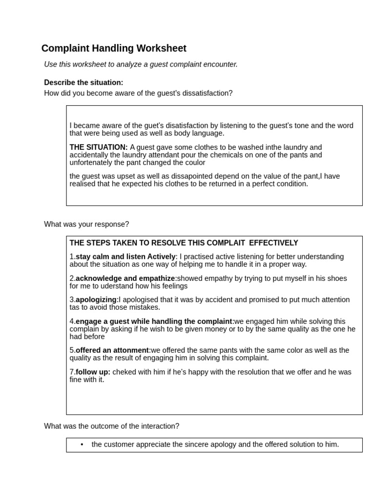Complaint Handling Worksheet | PDF | Empathy | Behavior Modification