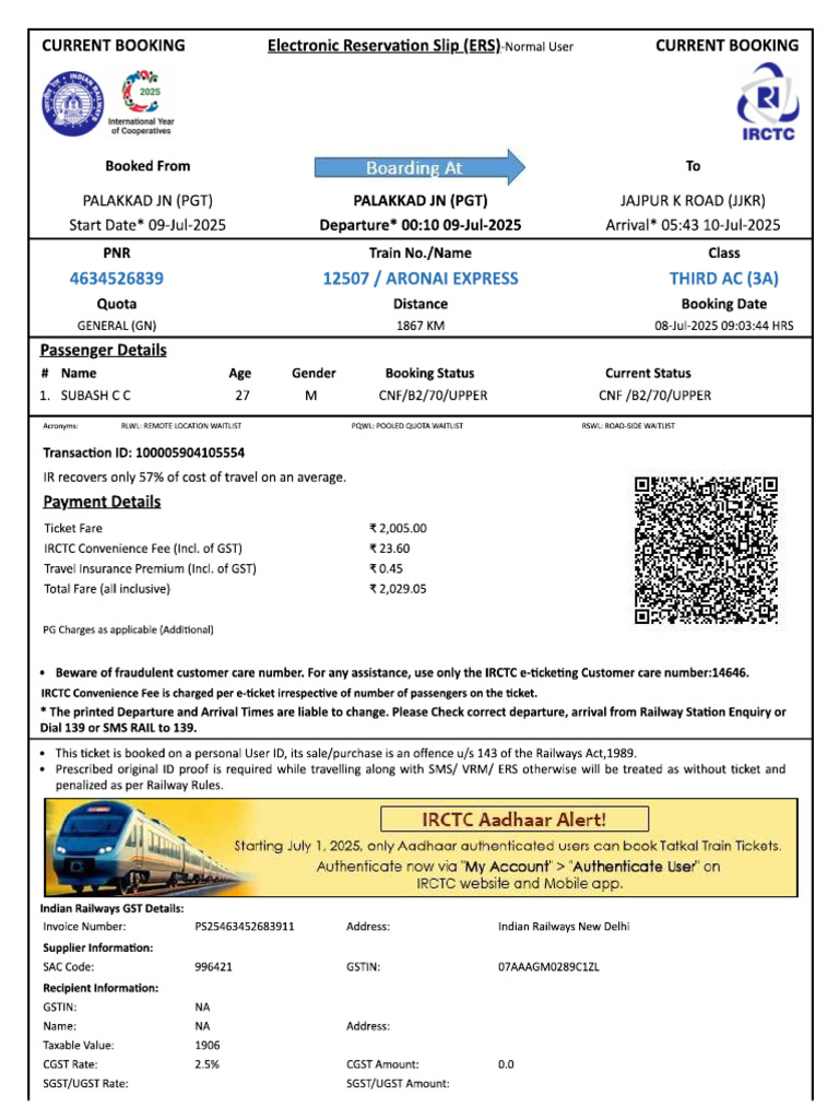 Subhash C C - Train Ticket | PDF