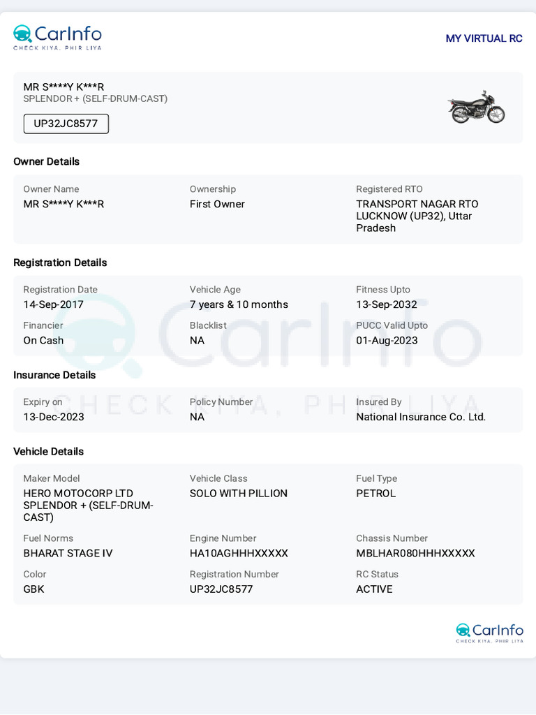 Vehicle Registration Details for Hero Splendor | PDF