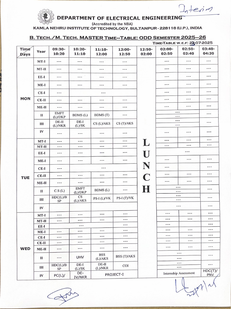 Final Year (Including) Time Table Interim 2025-26 | PDF