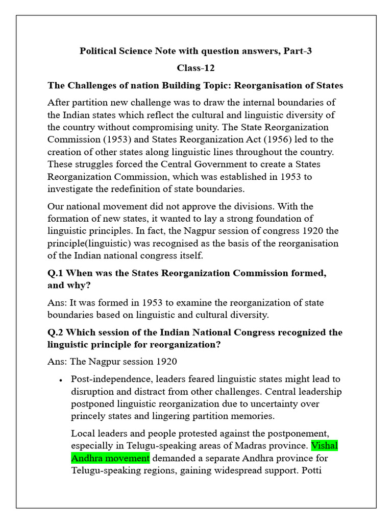 State Reorganization Act of 1956 | PDF | Politics Of India | Government ...