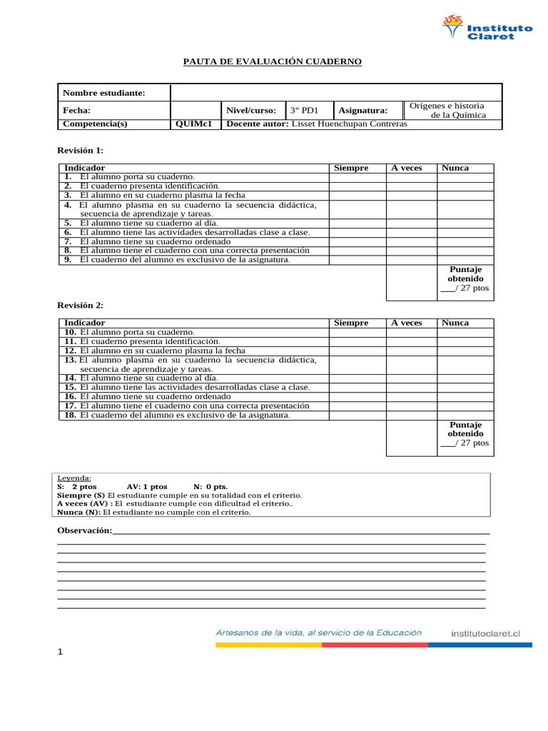 Evaluación del Cuaderno de Química | PDF