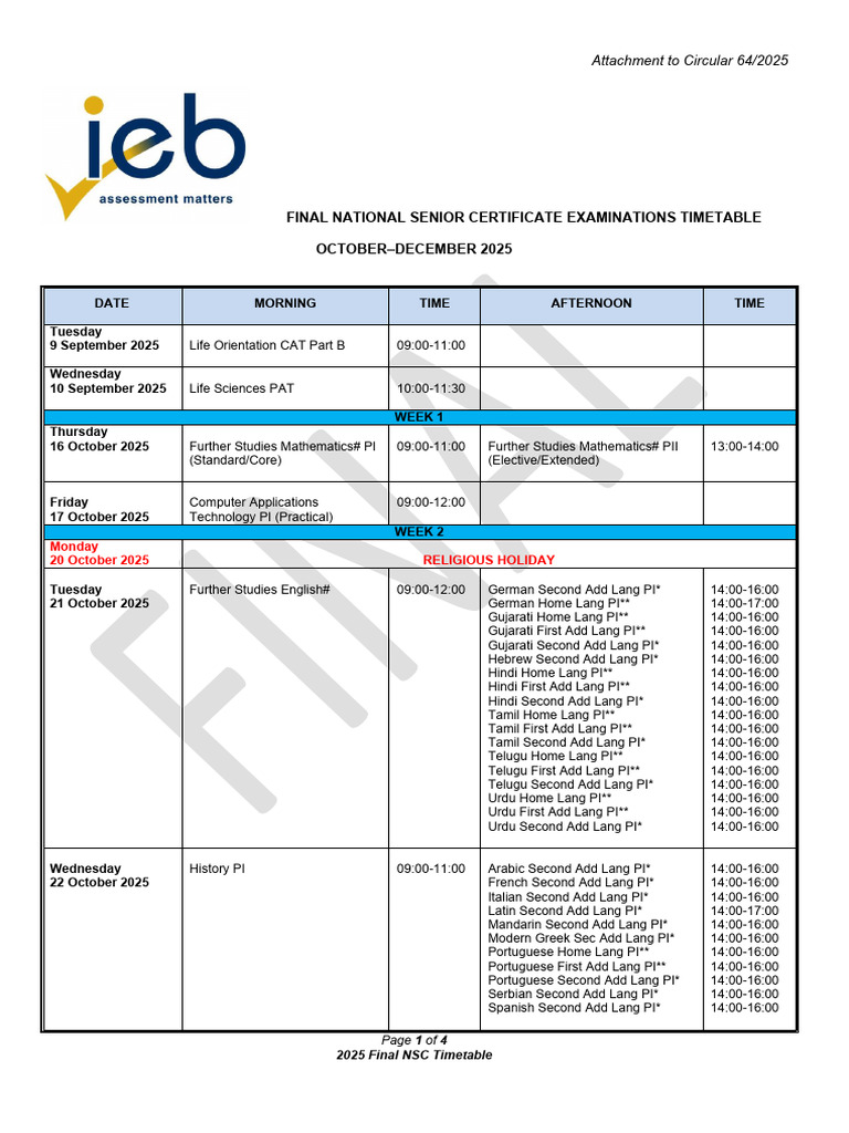 NSC 2025 Final Exam Timetable | PDF | Linguistics | Languages Of Africa