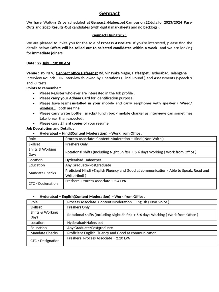Genpact Walkin-2025 - JD & Details | PDF