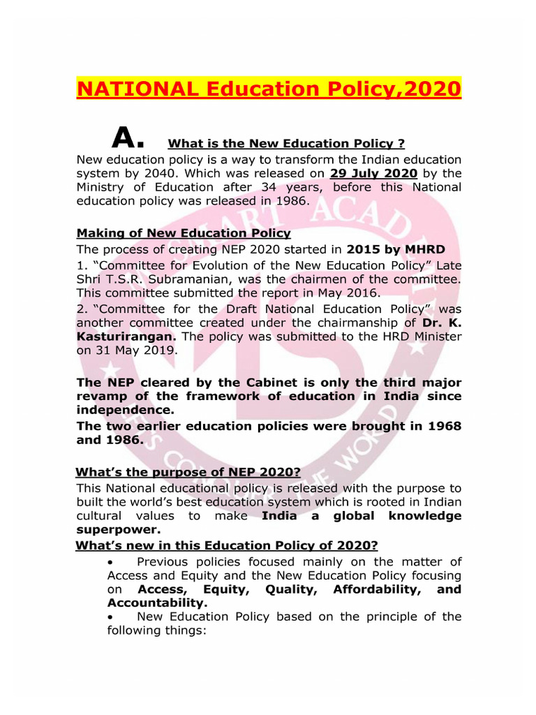 Short Notes On New Education Policy - Updated 2021 | PDF
