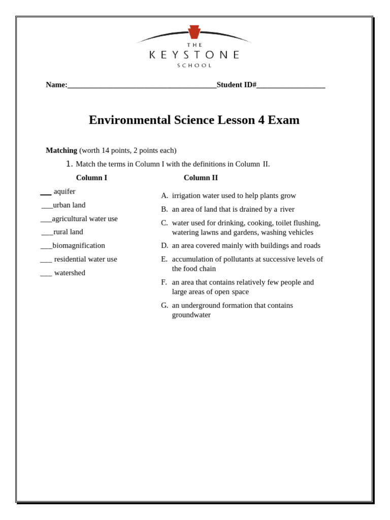 Environmental Science Lesson 4 Exam | PDF | Soil | Water