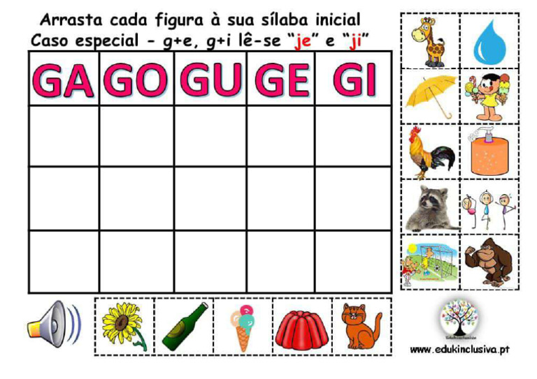 Consciencia Fonologica Recorte e Cole A Silaba Inicial GA GO GU GE GI ...