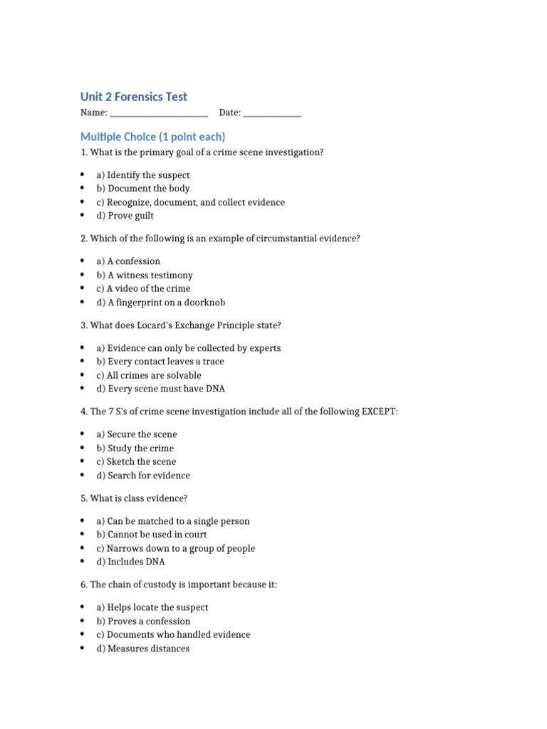 Unit 2 Forensics Test | PDF | Forensic Science | Crime Scene