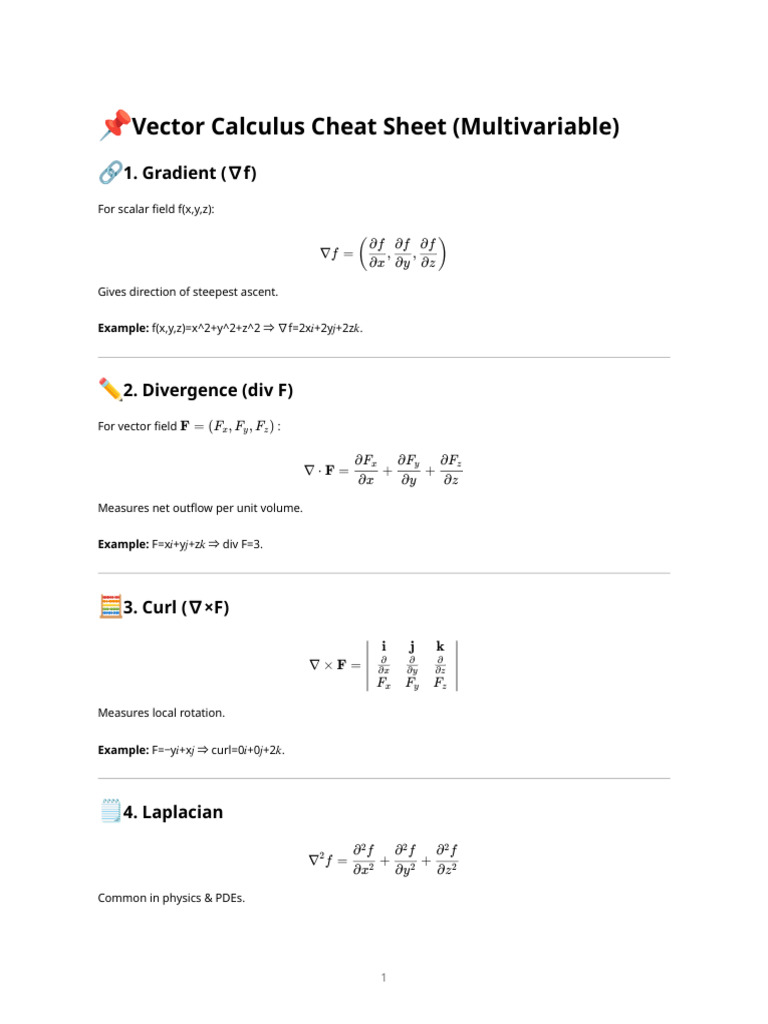 Vector Calculus Essentials Cheat Sheet | PDF | Gradient | Integral