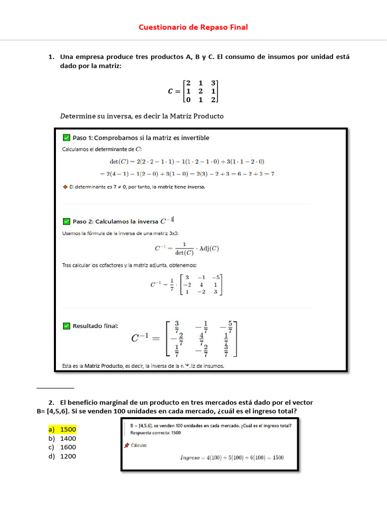 Algebra Lineal Cuestionario | PDF | Espacio vectorial | Matriz (Matemáticas)