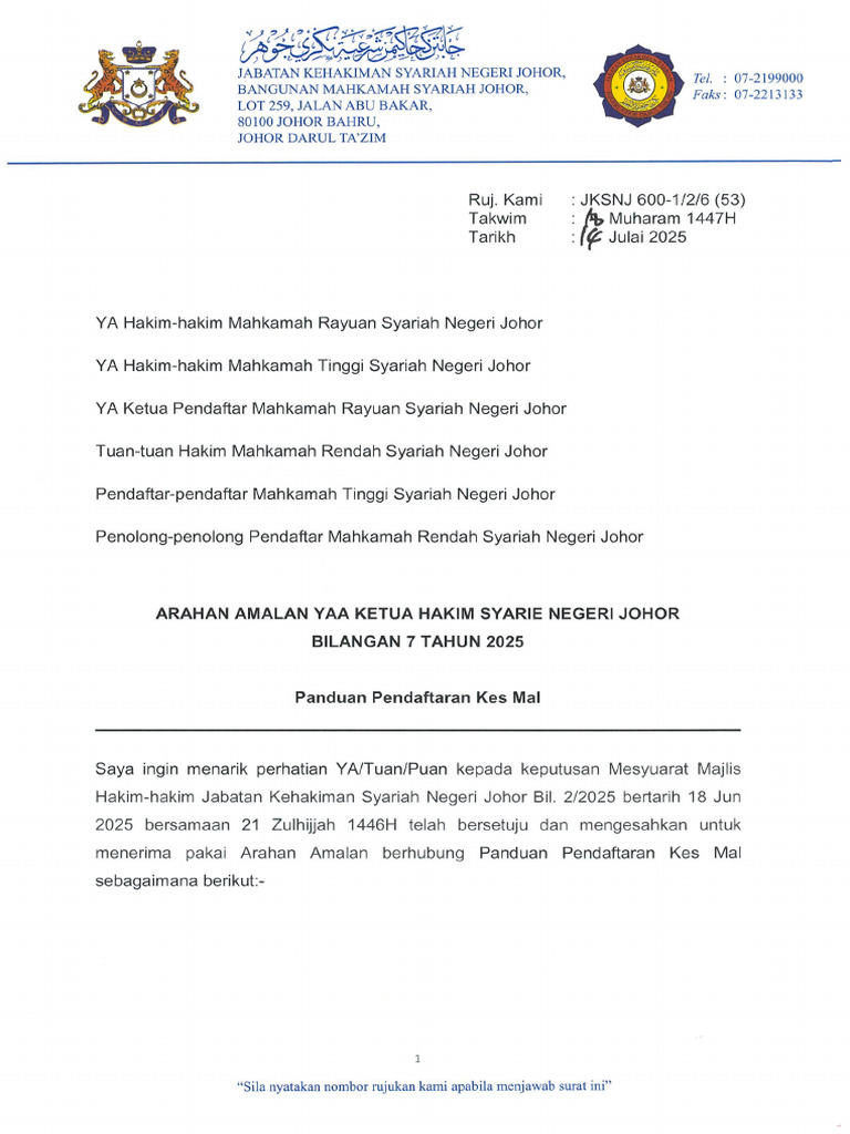 Edaran Arahan Amalan Yaa Ketua Hakim Syarie Negeri Johor Bilangan 5 ...
