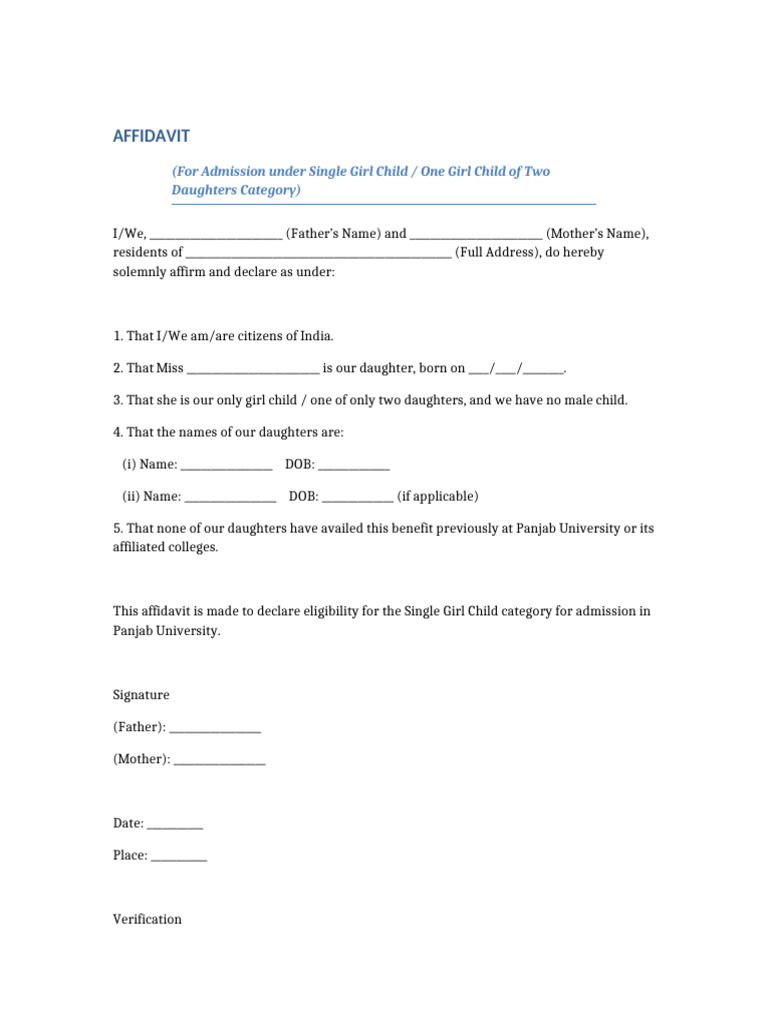 Single Girl Child Affidavit PU | PDF