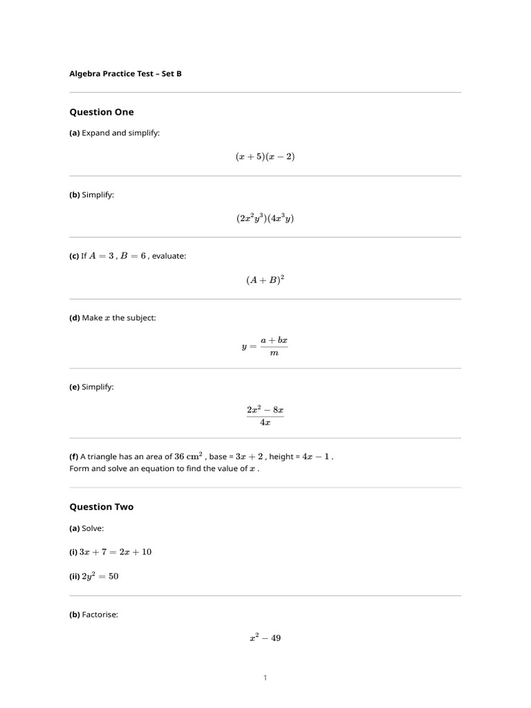 Algebra Practice Set B Questions NCEA Level 1 | PDF