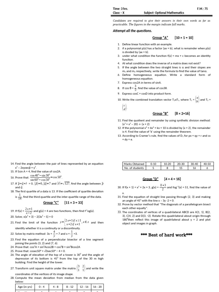 Claa 10 OPT Mathematics First Question 2082 Shankari | PDF | Polynomial ...
