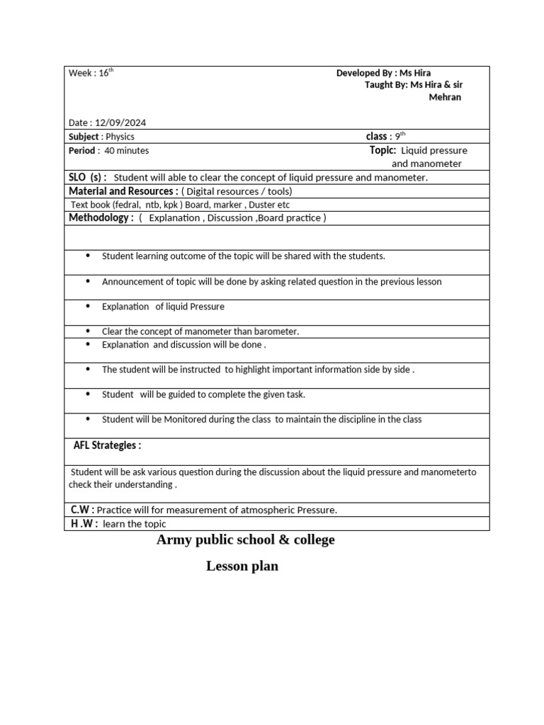 9th Class 12 September Lesson Plan | PDF