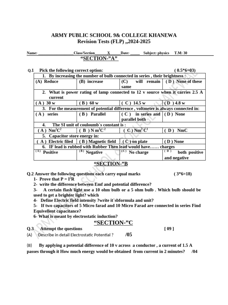 10 TH Class FLP 2024 Physics | PDF | Voltage | Electricity