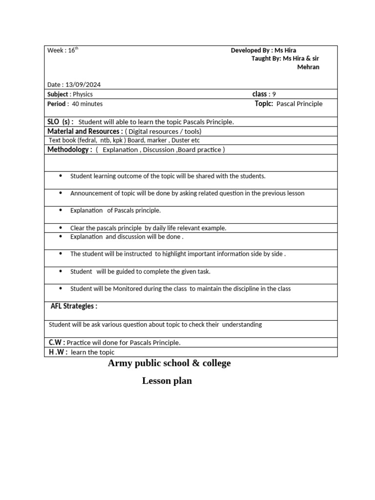 9th Class 13 September Lesson Plan | PDF