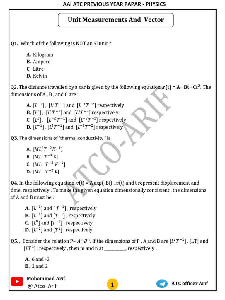 AAI ATC Physics Previous Year Paper | PDF | Mechanics | Metrology